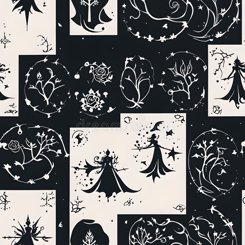 Abstract Witches, Roses, Vines, Stars on Black Background Pattern Stock ...