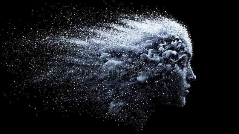 Abstract Woman Dissolving into Sparkling Particles on Black Background ...