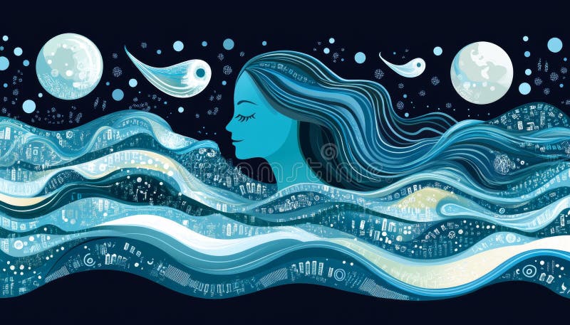 Abstract Woman Profile, Flowing Hair, Waves of Binary Code, Motherboard ...