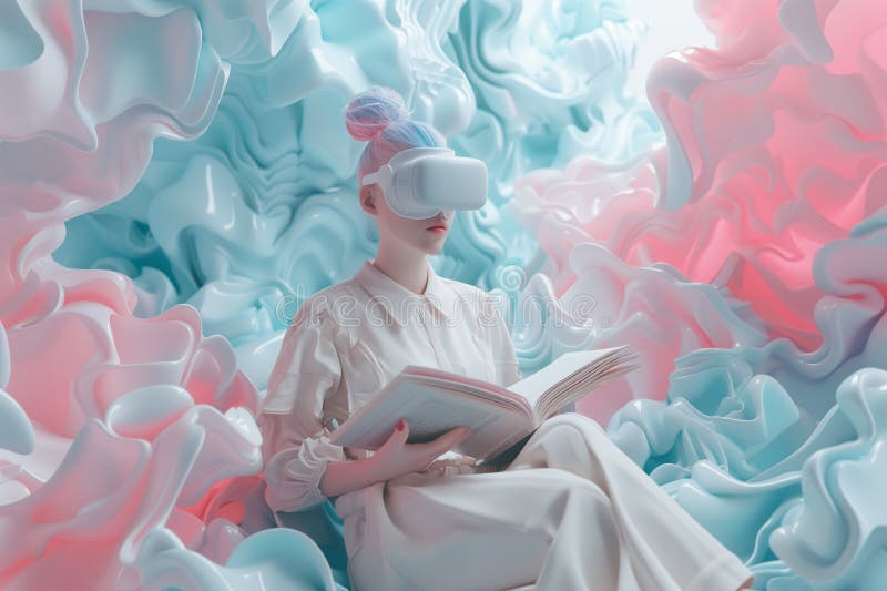 Abstract Woman with Virtual Reality Headset Reading Book on Surreal ...