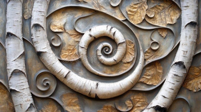 Abstract Wood Carving with Birch Bark and Leaves Stock Illustration ...