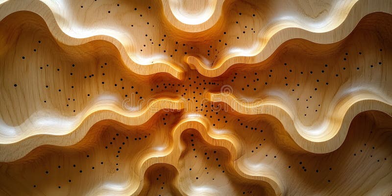 Abstract Wooden Ceiling with Wavy Layers and Dark Dots Creating a ...