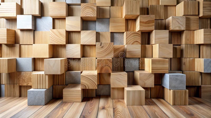 Abstract Wooden Cube Wall Installation with Natural Stone Accents on ...