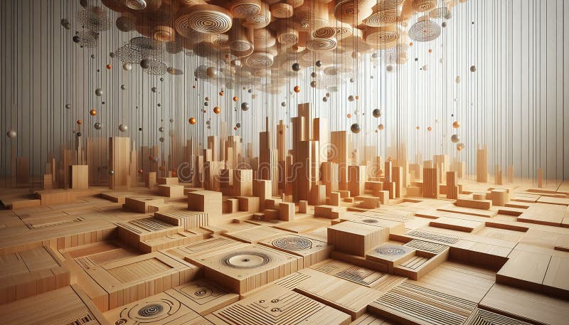 Abstract Wooden Landscape with Floating Elements Stock Illustration ...