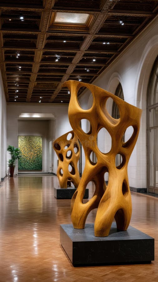 Abstract Wooden Sculptures on Display in Art Gallery Hallway with ...