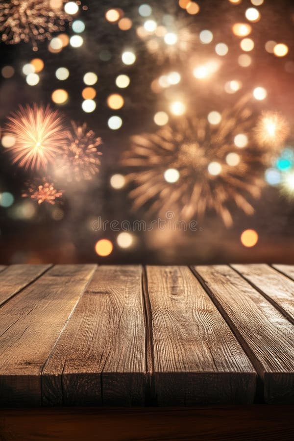 Abstract Wooden Table Texture with Vibrant New Year Fireworks. Stock ...