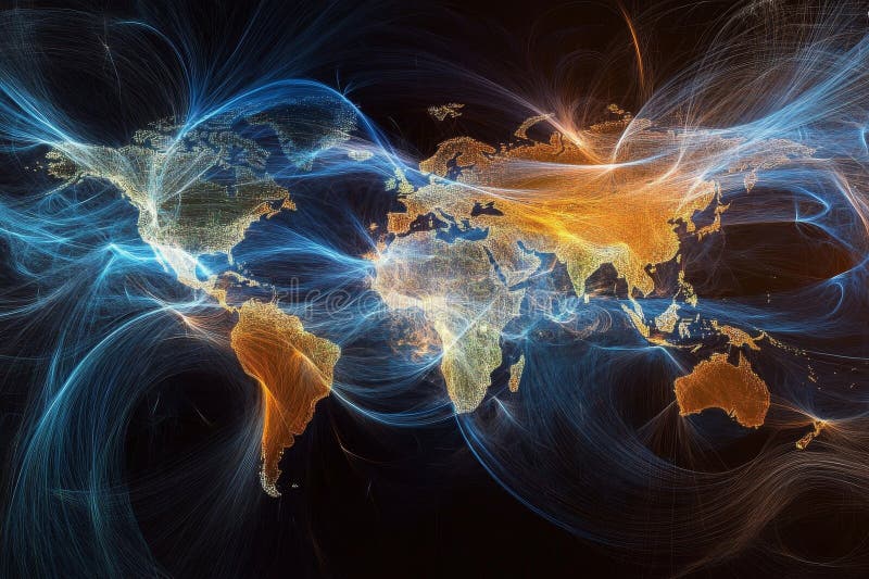 Abstract World Map with Colorful Light Trails and Digital Effect Stock ...