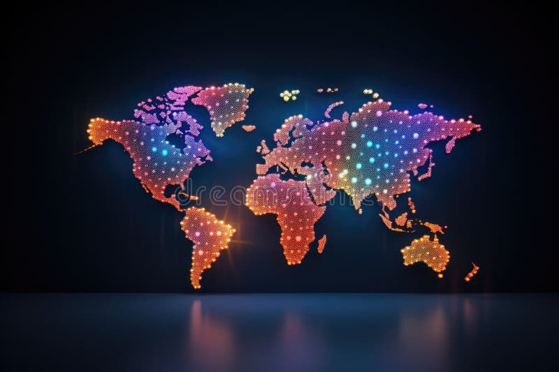 Abstract World Map with Colorful Lights on Dark Background. Vector Illustration, Pixel World Map ...