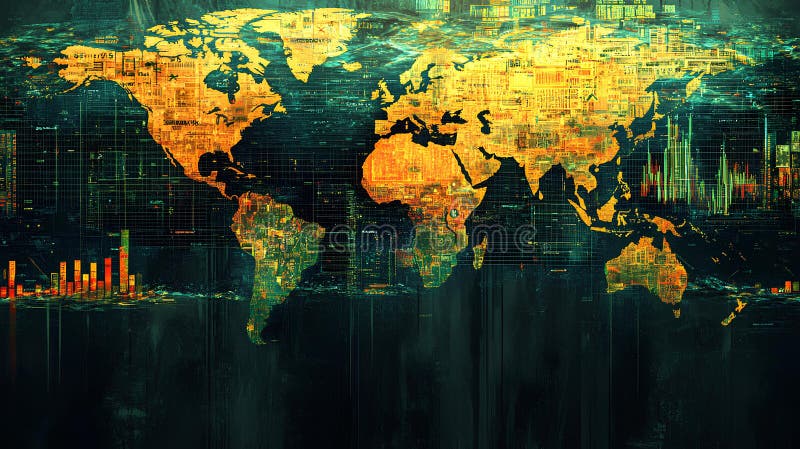 Abstract World Map with Digital Glitch Effect and Data Visualization ...