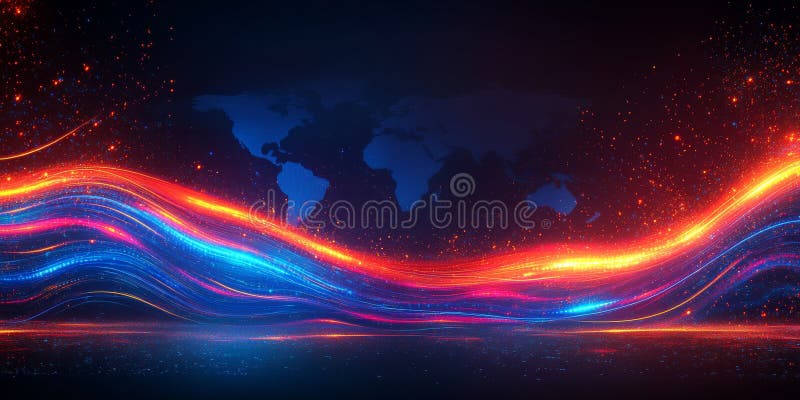 Abstract World Map with Flowing Light Trails, Digital Vector Art, Blue ...