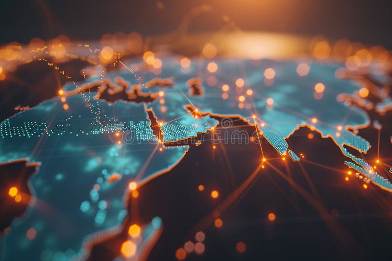 Abstract World Map with Glowing Dots and Lines Network Connections on Dark Backdrop Stock ...