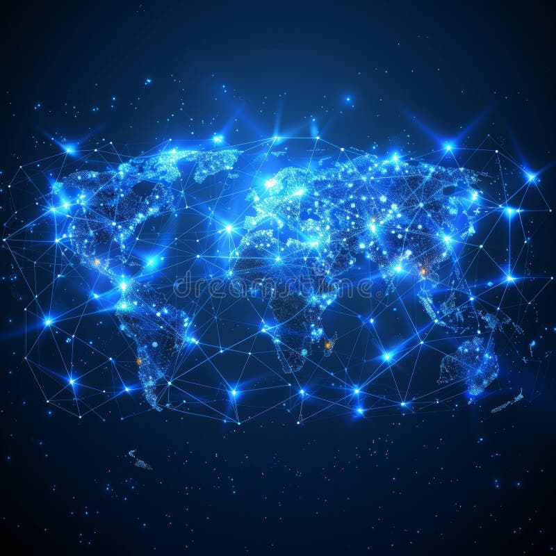Abstract World Map with Glowing Nodes. Global Network, Connection ... Abstract World Map with Glowing Nodes. Global Network, Connection ...