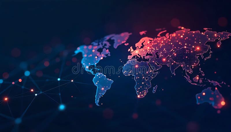 Abstract World Map with Glowing Nodes and Network Connections on a Dark Blue Background Design ...