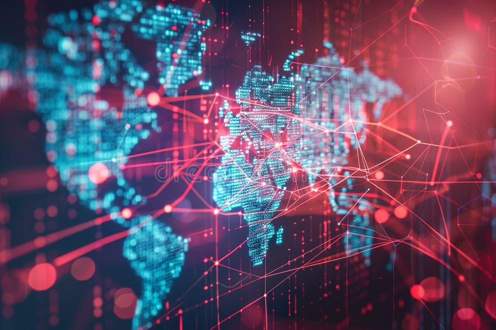 Abstract World Map of Interconnected Data Points with Glowing Red Lines ...