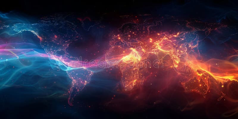 Abstract World Map with Light Trails Flowing Across Continents ...
