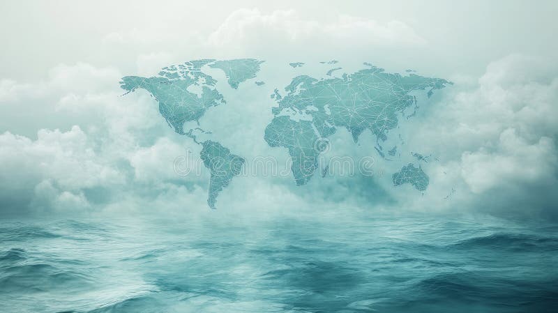 Abstract World Map Over Ocean with Cloudy Skies Stock Illustration ...