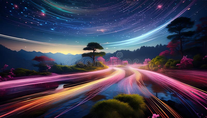 World Wonders Streams of Light Trails on Sky, Generative AI Stock ...