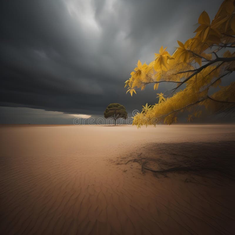 Abstract Yellow Autumn Tree on Beach Over Dark Stormy Sky Background ...