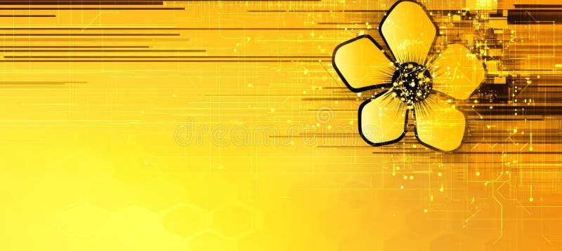Abstract Yellow Background with Technology Lines and a Flower, Digital ...