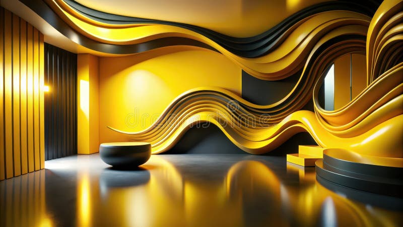 Abstract Yellow and Black Interior Design with Wave-shaped Walls and ...