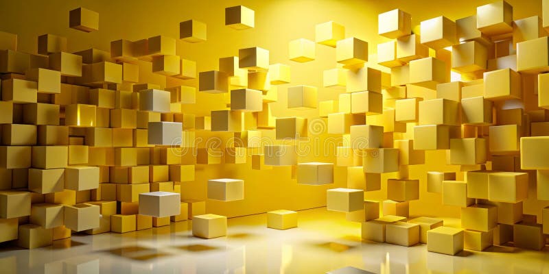 Abstract Yellow Cube Composition Dynamic Three Dimensional Shapes in a ...