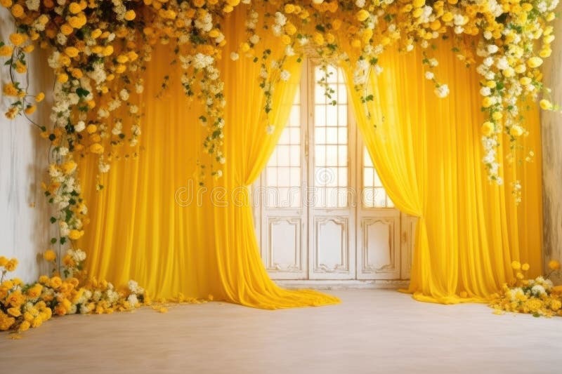 Abstract Yellow 3d Studio Background. Room with Flowers Columns ...