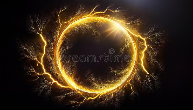 Abstract Yellow Lightning Circle on Dark Backdrop. Mysterious Shape ...