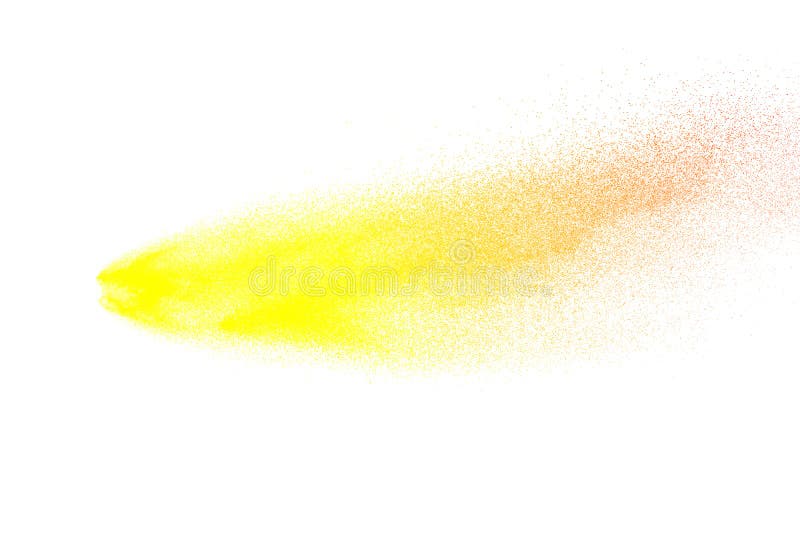 Abstract Yellow Orange Powder Explosion on White Background. Freeze ...