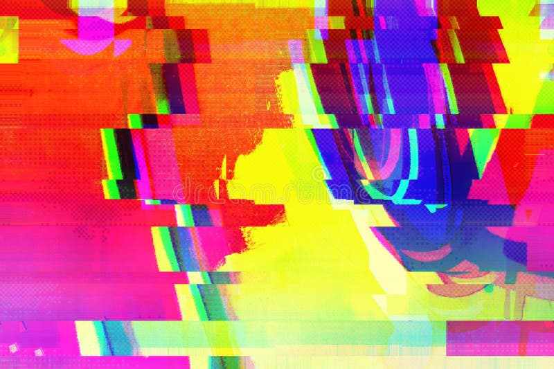 Abstract Yellow, Pink, Blue Glitch Art with Geometric Shapes, Digital ...