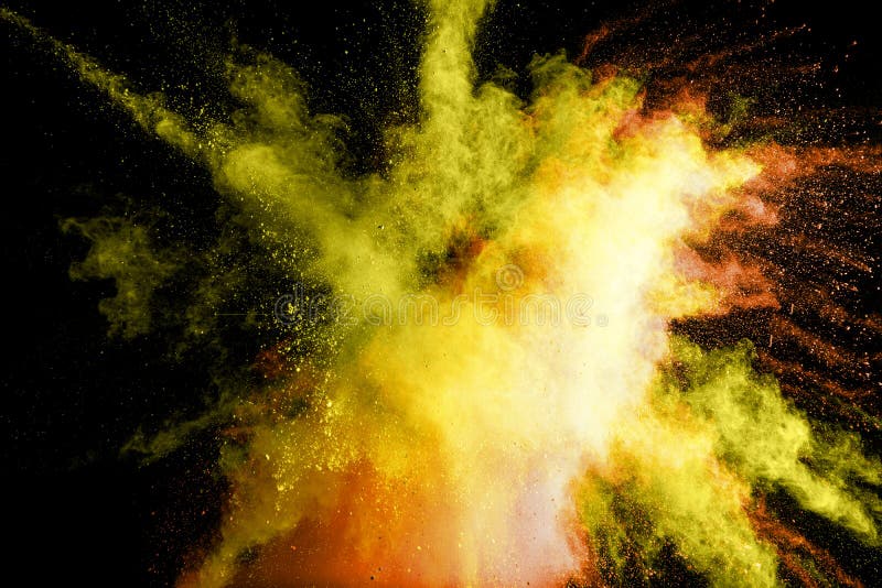 Abstract Yellow Powder Explosion on Black Background.Freeze Motion of ...