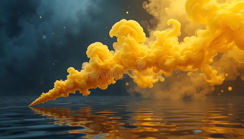 Abstract Yellow Smoke with Reflection in Water .Lighting Spotlighting ...