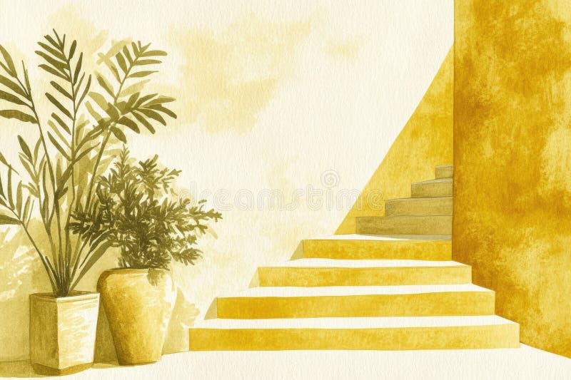 Abstract Yellow Staircase and Greenery in Sunlit Minimalist Interior ...