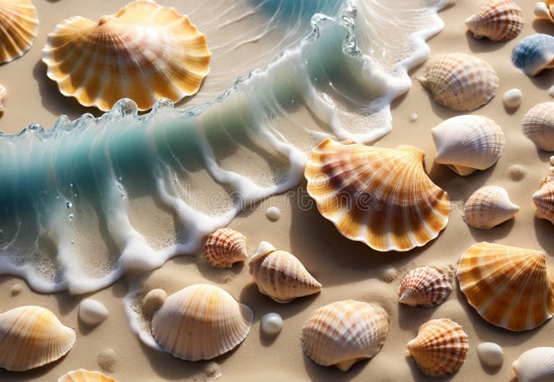 Abstract Yellow Summer Background with Shells, Sand and Sea Wave Stock ...