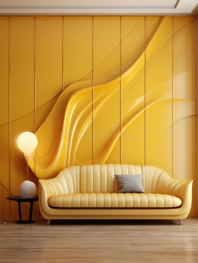 Abstract Yellow Wavy Melted Paneling Wall and Leather Sofa. Interior ...