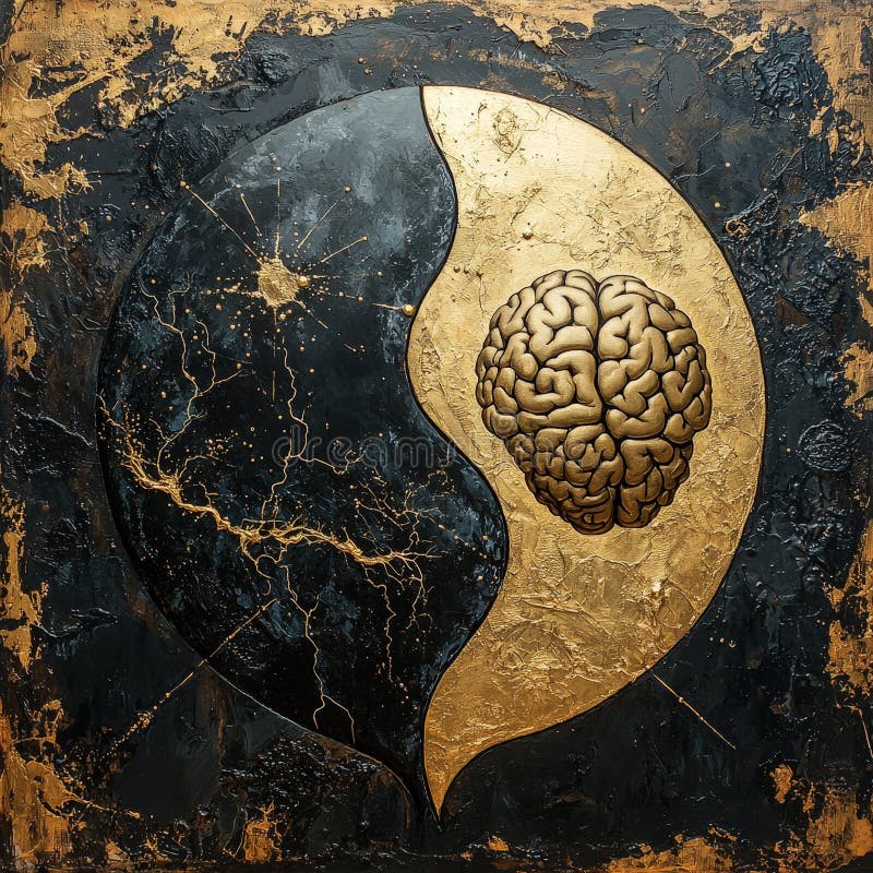 Abstract Yin-Yang Symbol with Brain and Cosmic Elements in Gold and ...