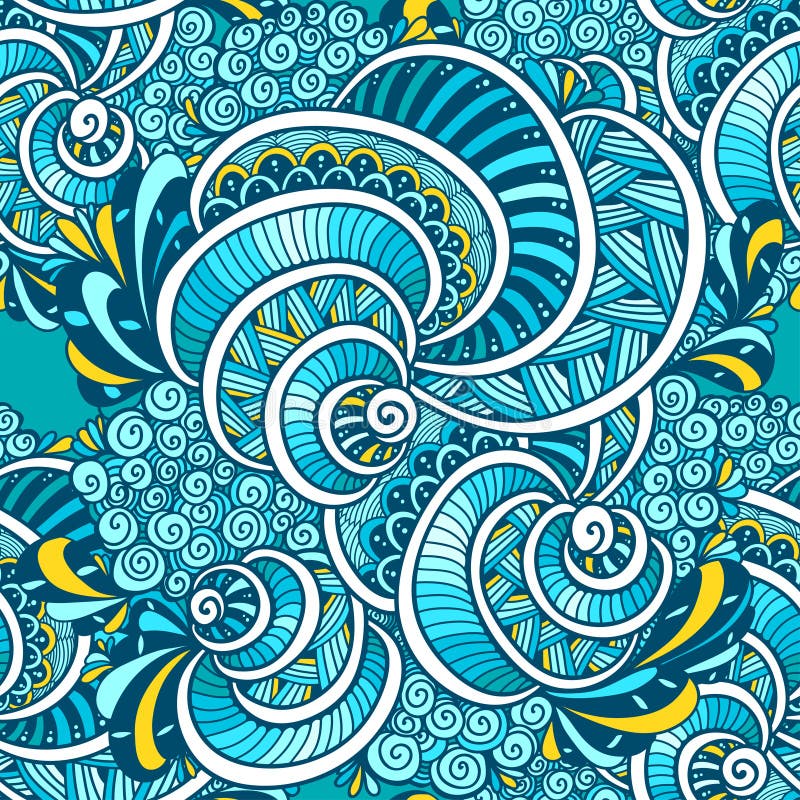 Abstract Zen Tangle Zen Doodle Marine Seamless Pattern Blue Orange ...