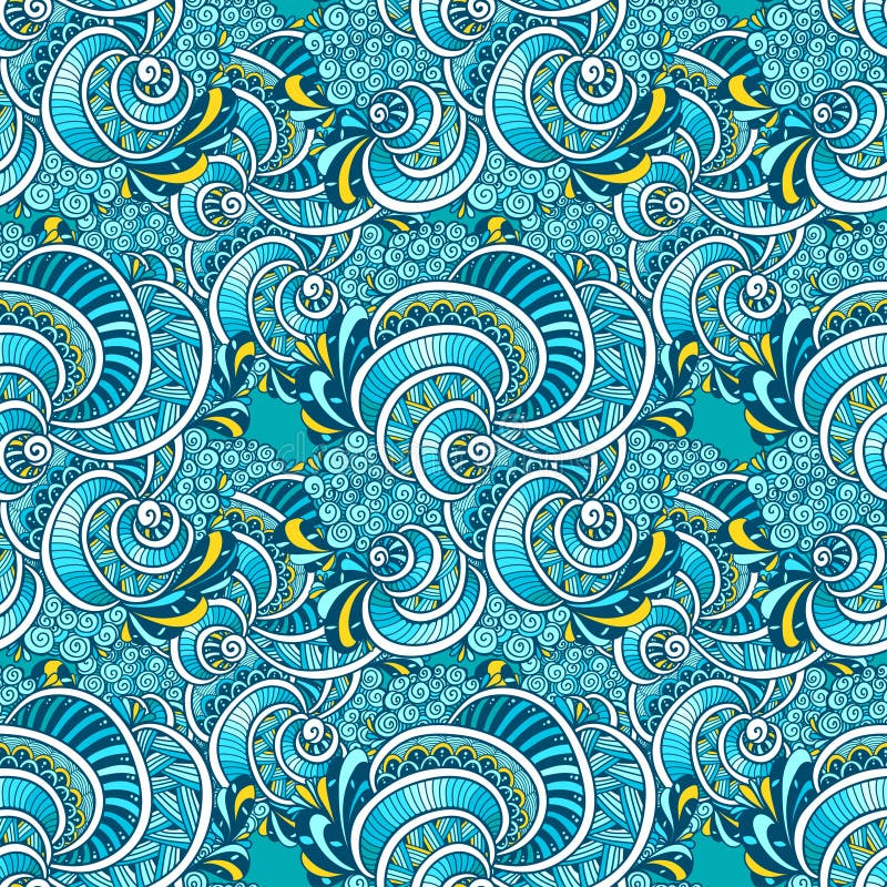 Abstract Zen Tangle Zen Doodle Marine Seamless Pattern Blue Orange ...