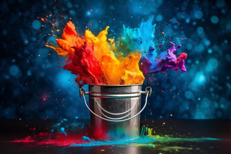Abstraction, Bucket with Splashes of Multi-colored Paint on a Black ...