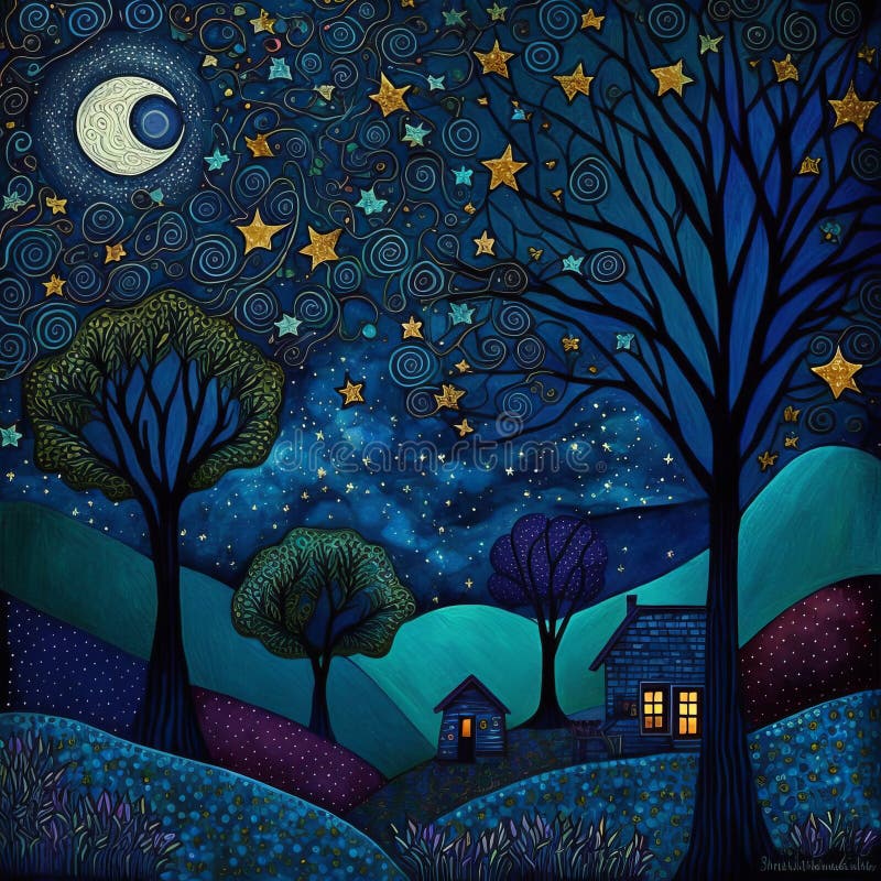 Abstraction Flat Style Night Tree Falling Leaves Generative AI Stock ...