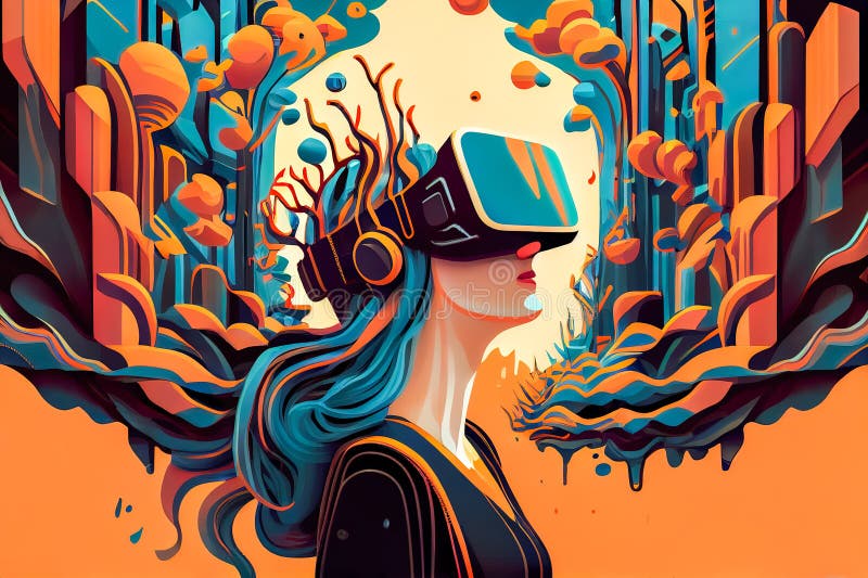 Abstraction Girl in the Virtual World in VR Glasses. Generative AI ...