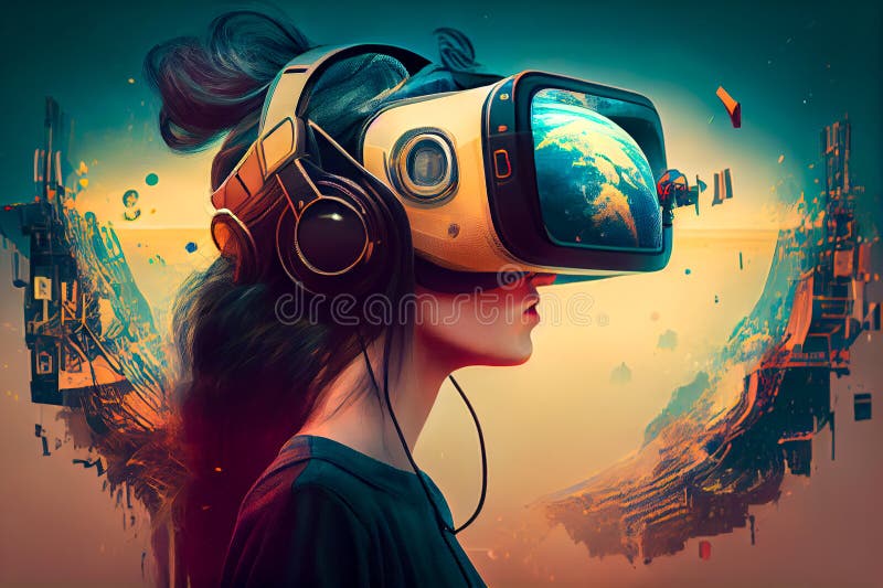 Abstraction Girl in the Virtual World in VR Glasses. Generative AI ...