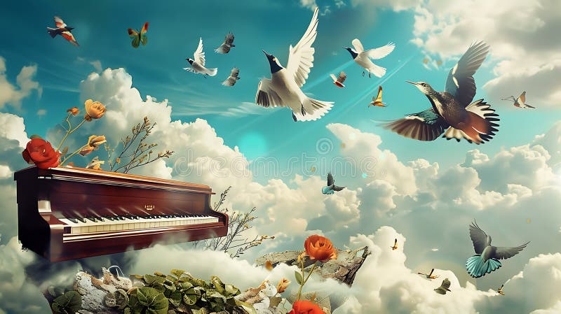 Abstraction Piano and Flying Birds in the Sky. 3d Illustration, Flight ...