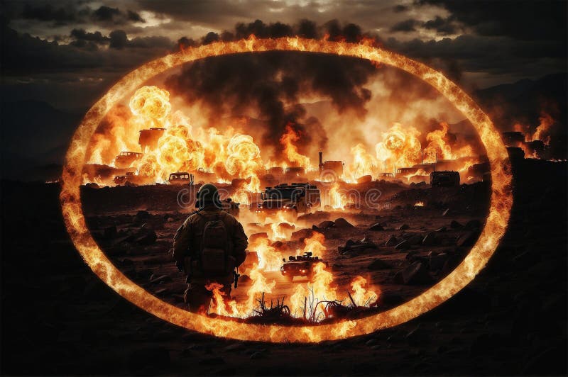 Abstraction, Warning Sign Radiation from Fire and Ruins. Stock ...