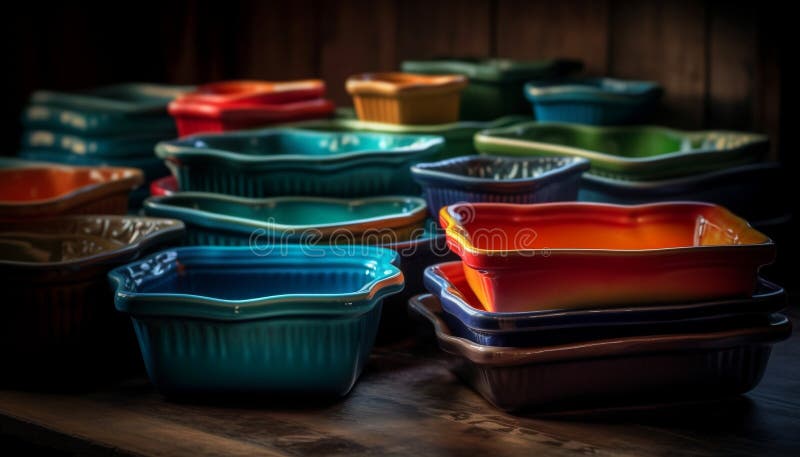 Abundance of Colorful Crockery in Rustic Kitchen Generated by AI Stock ...