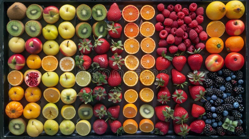 Abundance of Summer Fruits Arranged in a Grid Layout Stock Illustration ...