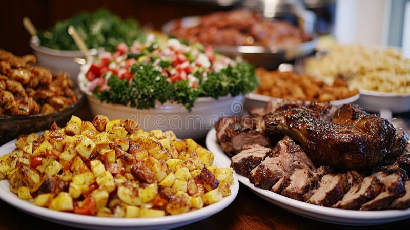 Abundant Buffet Table Featuring Roasted Meat and Sides Stock ...