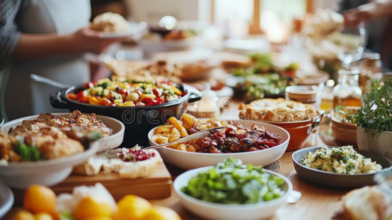 Abundant Buffet Table Featuring Varied Delicious Dishes Stock Illustration - Illustration of ...