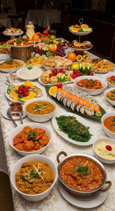 Abundant Buffet Table with International Cuisine Stock Illustration ...