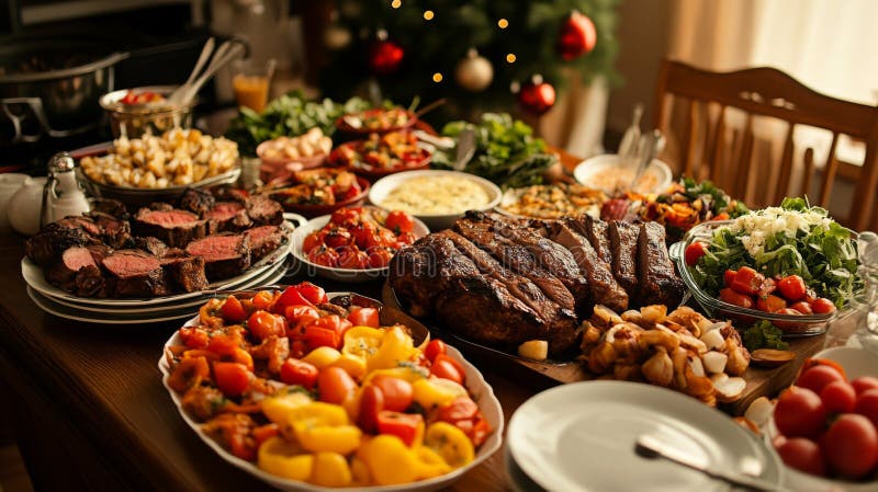Abundant Christmas Feast Table with Roasted Meats and Vegetables Stock ...