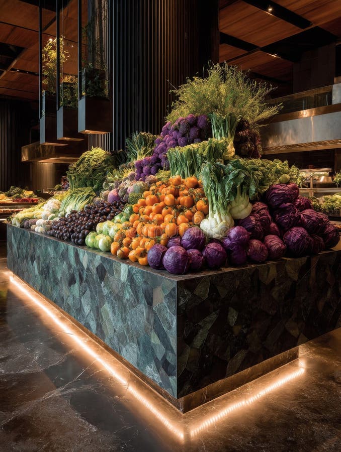 Abundant Colorful Vegetable and Fruit Display on Modern Stone Counter ...